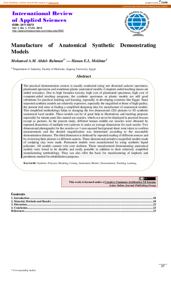 (PDF) Manufacture of Anatomical Synthetic Demonstrating Models