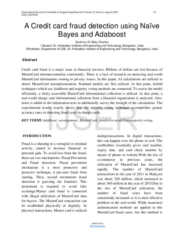 (PDF) A Credit card fraud detection using Naïve Bayes and Adaboost