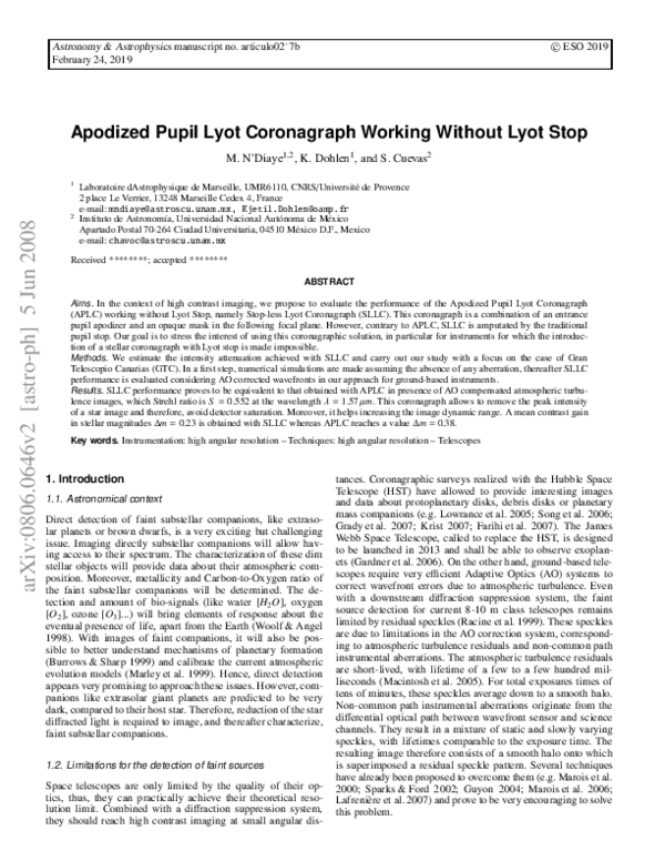 (PDF) Apodized Pupil Lyot Coronagraph Working Without Lyot Stop