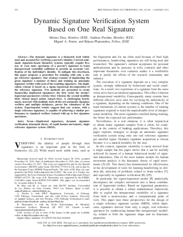 Pdf Dynamic Signature Verification System Based On One Real Signature
