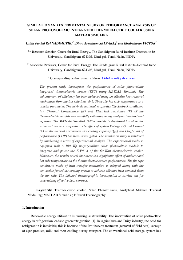 (PDF) Simulation and experimental study on performance analysis of solar photovoltaic integrated ...