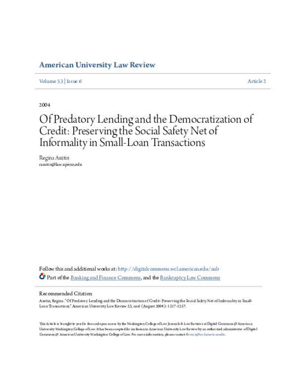 (PDF) Of Predatory Lending and the Democratization of Credit ...