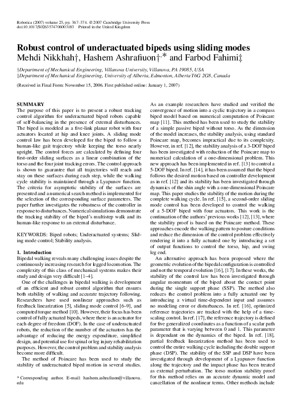 (PDF) Robust control of underactuated bipeds using sliding modes