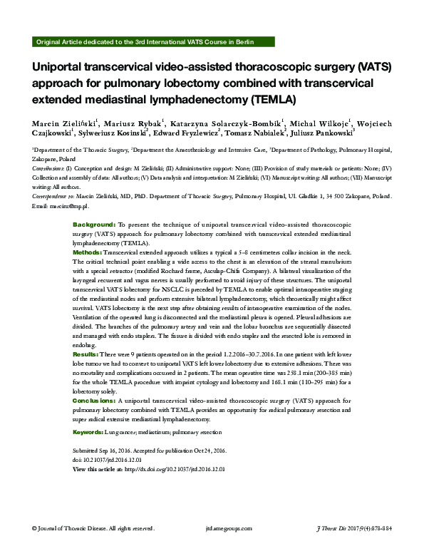 (PDF) Uniportal transcervical video-assisted thoracoscopic surgery ...