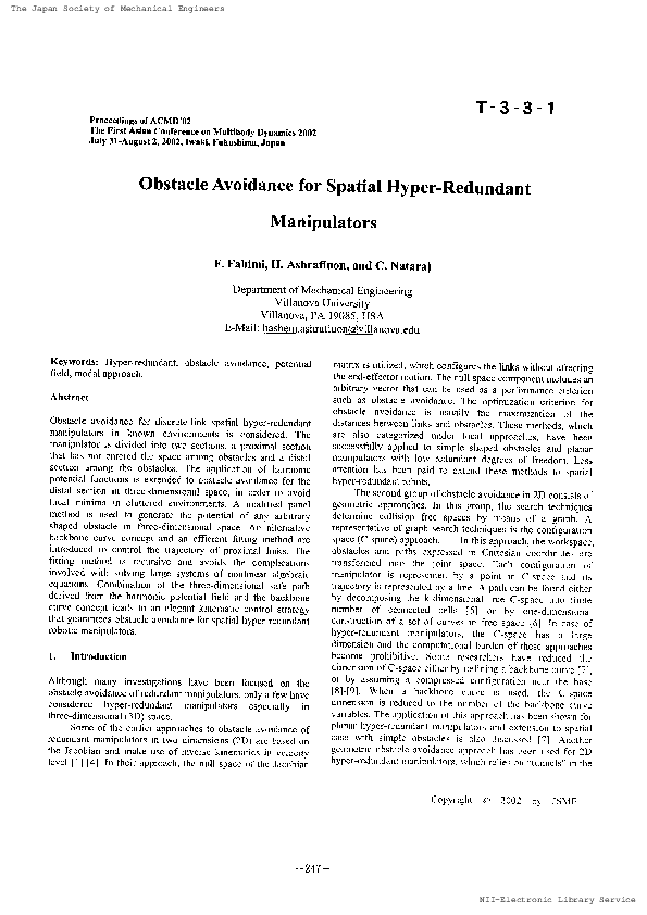 (PDF) T-3-3-1 Obstacle Avoidance for Spatial Hyper-Redundant Manipulators