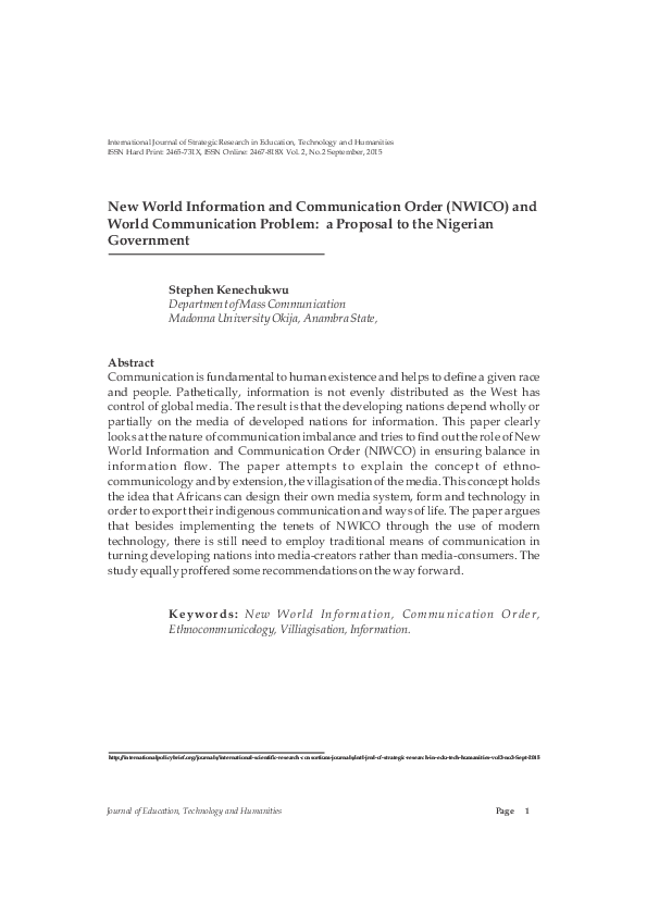 (PDF) New World Information and Communication Order ( NWICO ) and World ...