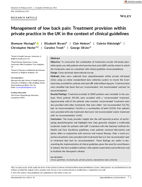 (PDF) Management of low back pain: Treatment provision within private ...