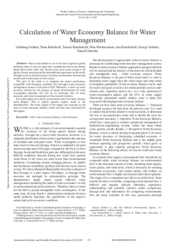 (PDF) Calculation of Water Economy Balance for Water Management | Nana ...