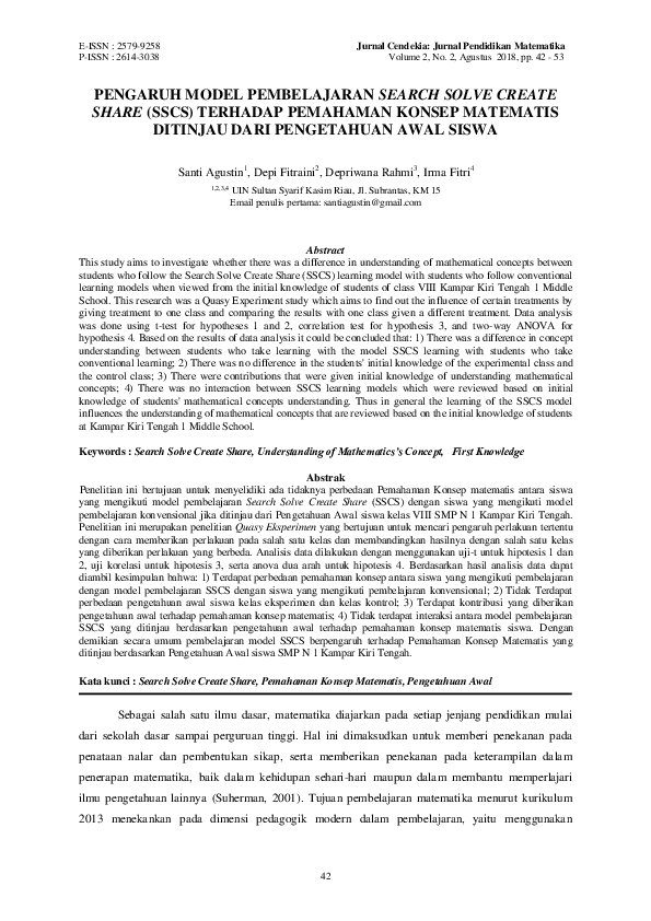 (PDF) Pengaruh Penerapan Model Pembelajaran Search Solve Create Share (SSCS) terhadap Pemahaman ...