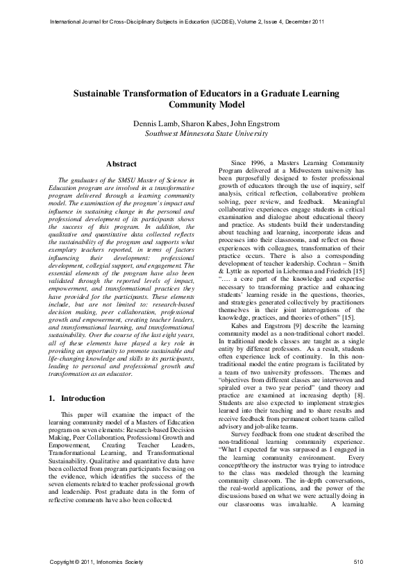 (PDF) Sustainable Transformation of Educators in a Graduate Learning ...