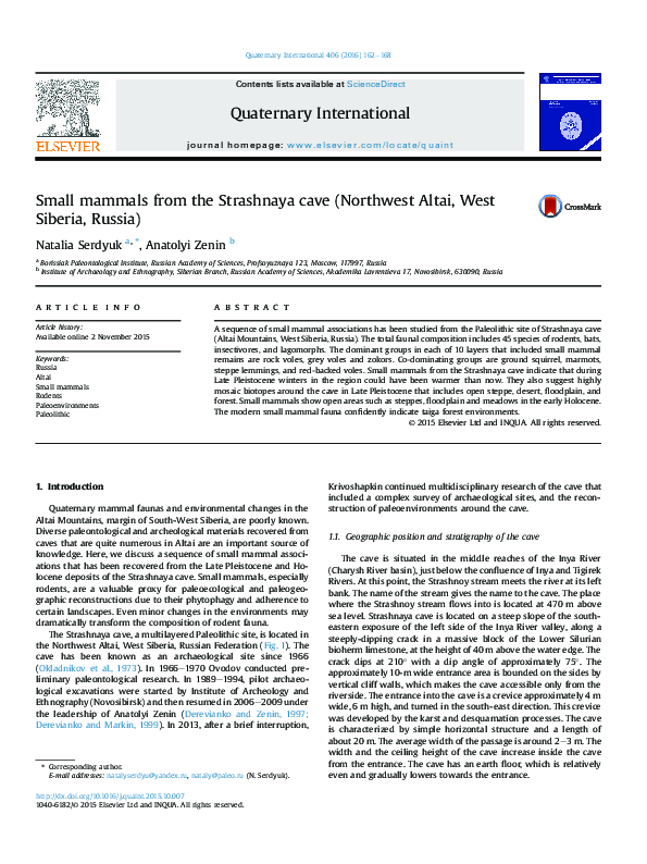 (PDF) Small mammals from the Strashnaya cave (Northwest Altai, West ...