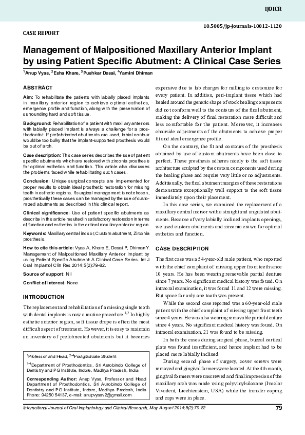(PDF) Management of Malpositioned Maxillary Anterior Implant by using ...