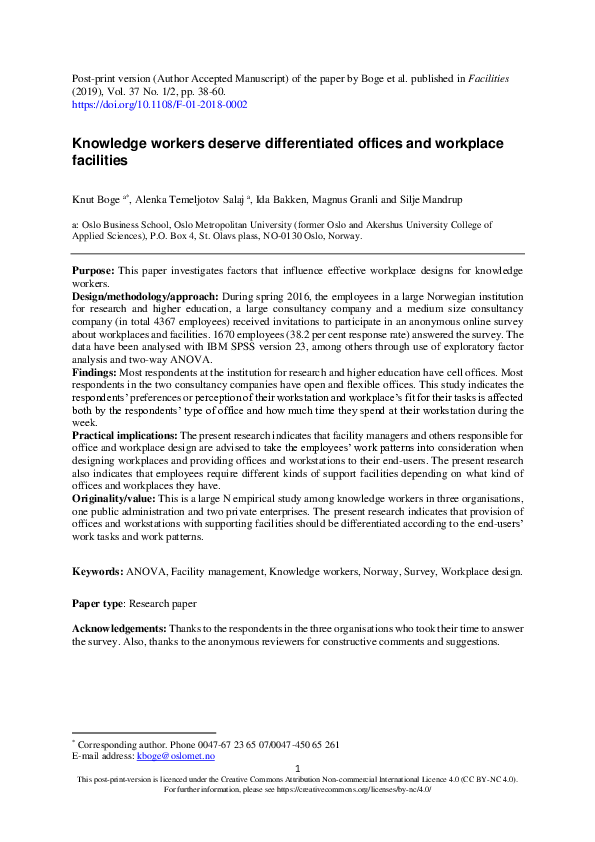 (PDF) Knowledge workers deserve differentiated offices and workplace facilities