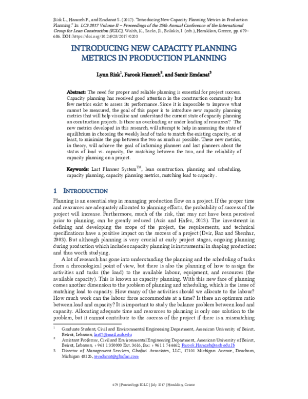 (PDF) Introducing New Capacity Planning Metrics in Production Planning