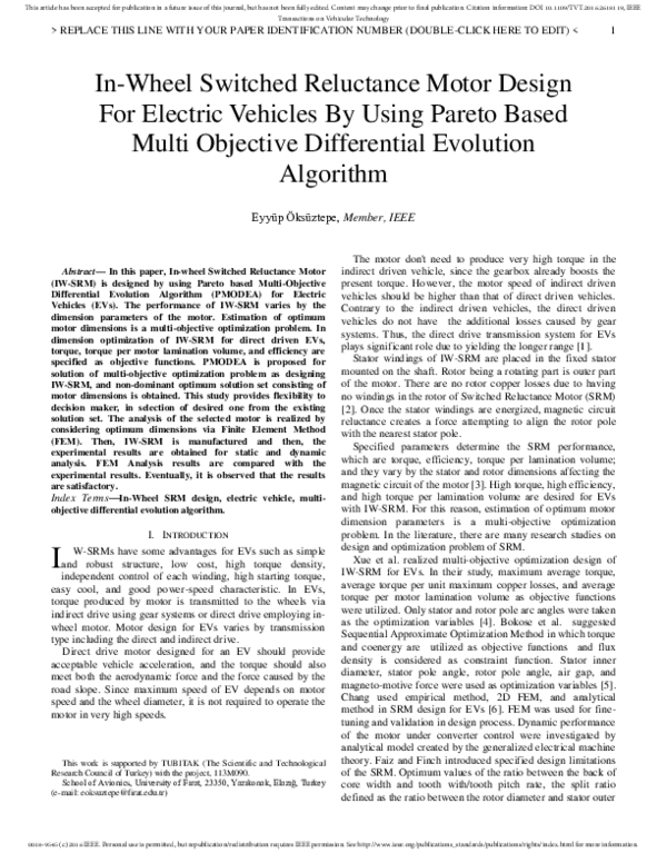 (PDF) In-Wheel Switched Reluctance Motor Design for Electric Vehicles by Using a Pareto-Based ...