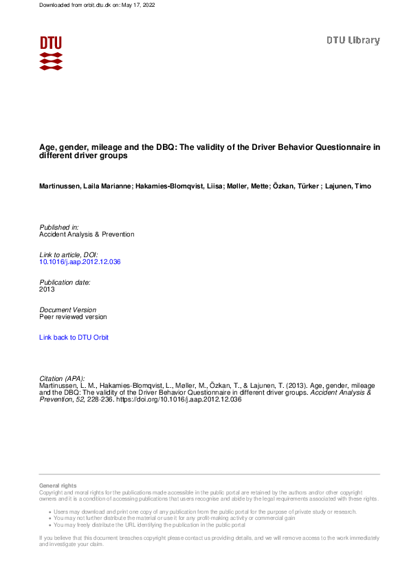 (PDF) Age, gender, mileage and the DBQ: The validity of the Driver Behavior Questionnaire in ...