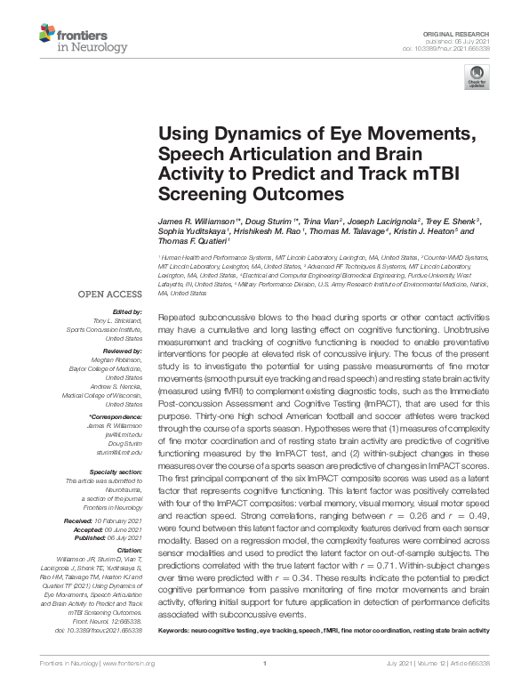(PDF) Predicting mTBI Outcomes via Eye, Speech, Brain
