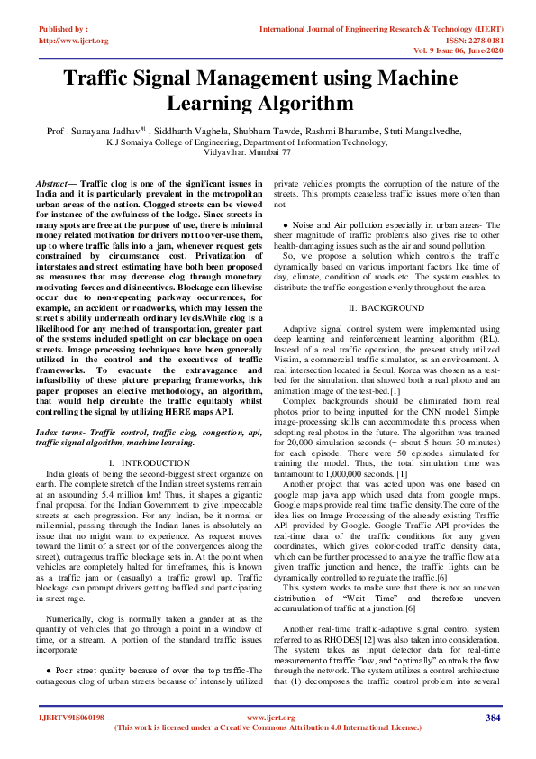 Pdf Traffic Signal Management Using Machine Learning Algorithm