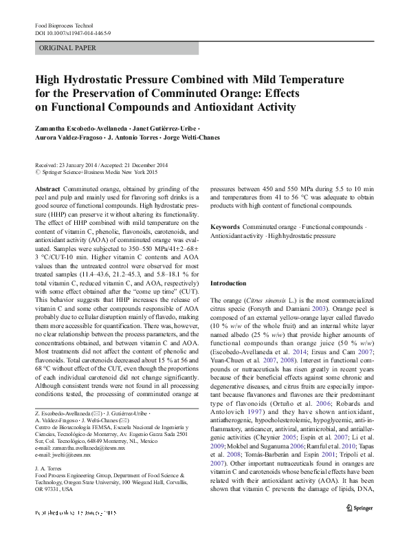 (PDF) High Hydrostatic Pressure Combined with Mild Temperature for the Preservation of ...