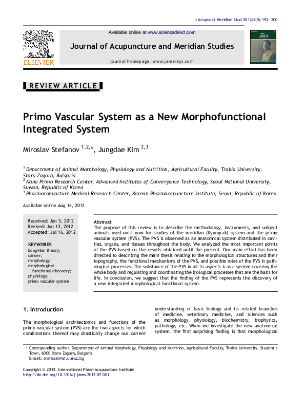 (PDF) Primo Vascular System as a New Morphofunctional Integrated System