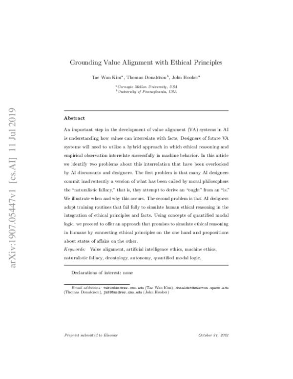 (PDF) Grounding Value Alignment with Ethical Principles