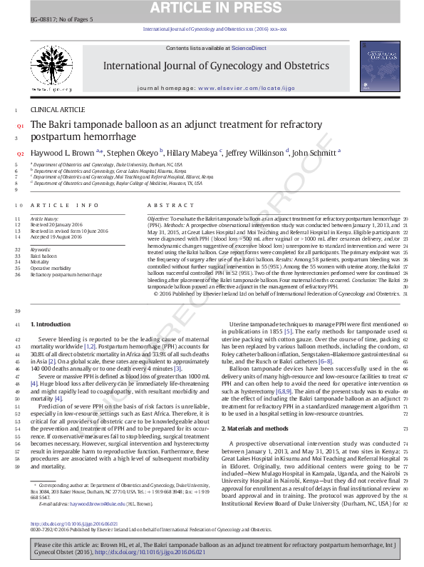 (PDF) The Bakri tamponade balloon as an adjunct treatment for ...