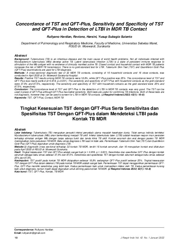 (PDF) Concordance of TST and QFT-Plus, Sensitivity and Specificity of TST and QFT-Plus in ...