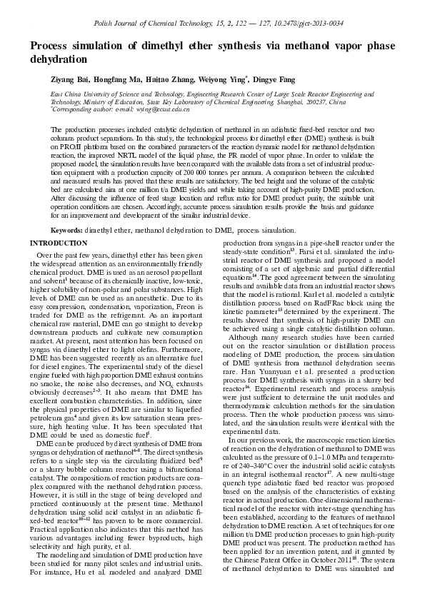 (PDF) Process simulation of dimethyl ether synthesis via methanol vapor ...
