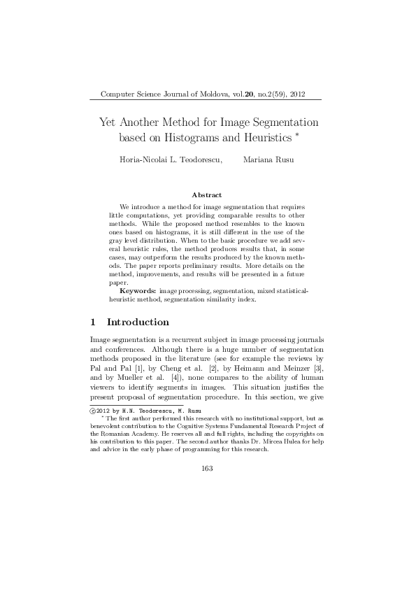 Pdf Yet Another Method For Image Segmentation Based On Histograms And