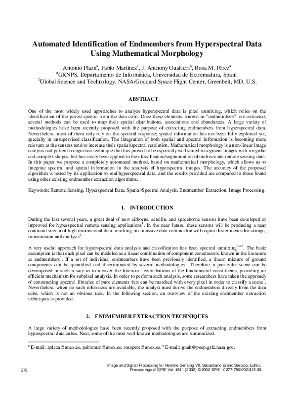 Pdf Automated Identification Of Endmembers From Hyperspectral Data Using Mathematical Morphology