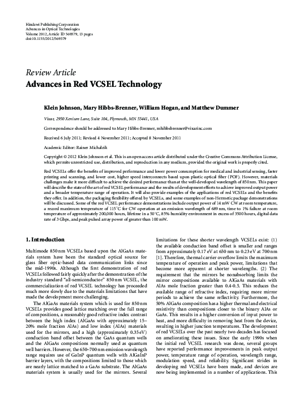 (PDF) Advances in Red VCSEL Technology