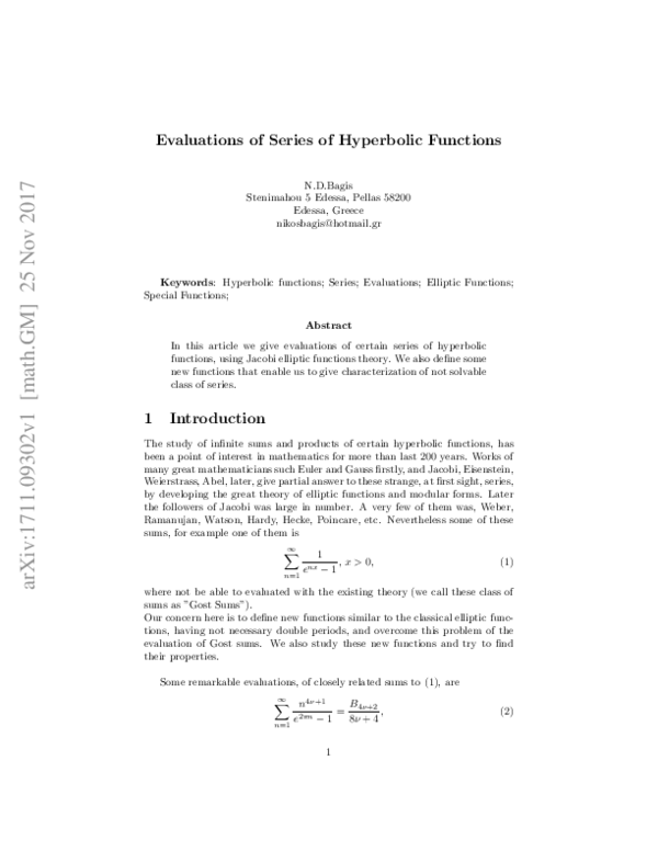 (PDF) Evaluations of Series of Hyperbolic Functions
