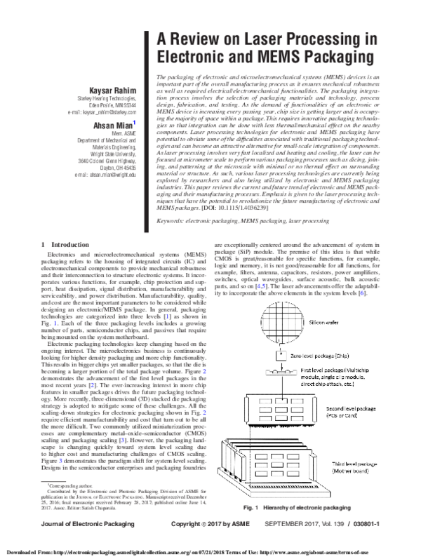 (PDF) A Review on Laser Processing in Electronic and MEMS Packaging