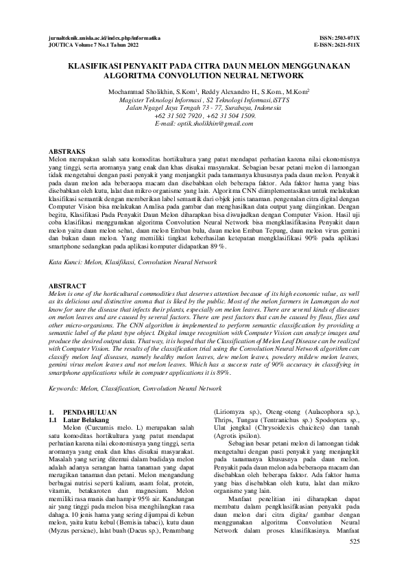 (PDF) Klasifikasi Penyakit pada Citra Daun Melon Menggunakan Algoritma ...