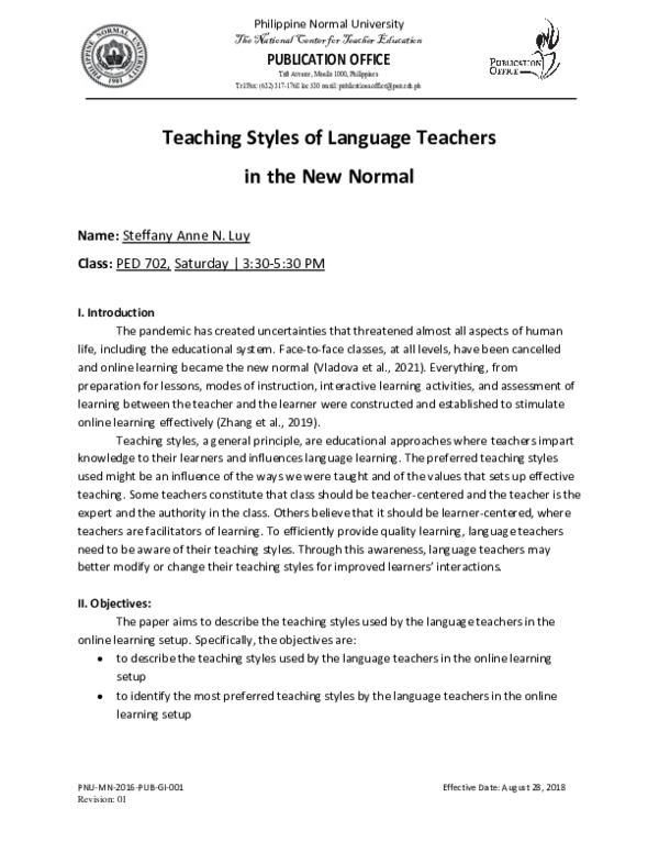 (PDF) Teaching Styles of Language Teachers in the New Normal