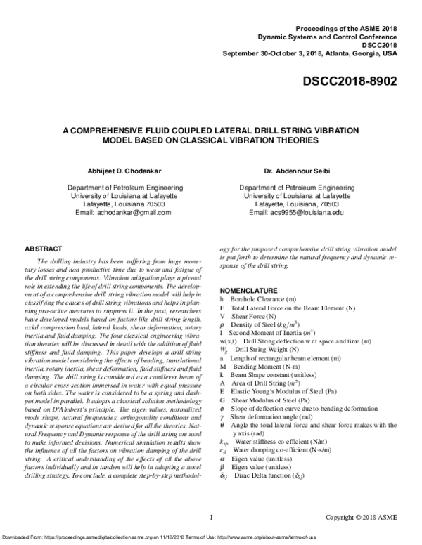 (PDF) A COMPREHENSIVE FLUID COUPLED LATERAL DRILL STRING VIBRATION MODEL BASED ON CLASSICAL ...