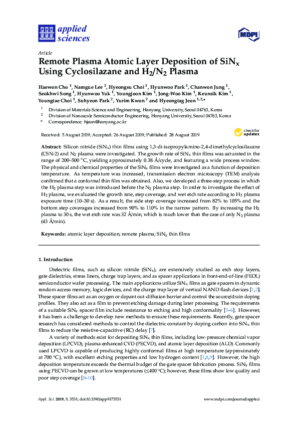 (PDF) Remote Plasma Atomic Layer Deposition of SiNx Using Cyclosilazane ...