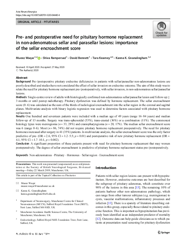 (PDF) Pre- and postoperative need for pituitary hormone replacement in ...