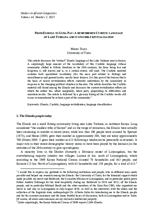 (PDF) From Elmolo to Gura Pau: A remembered Cushitic language of Lake ...