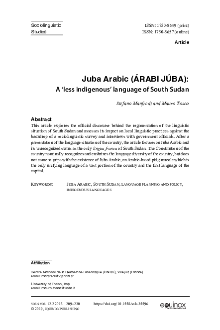 (PDF) Juba Arabic (Arabi Juba): A ‘less indigenous’ language of South Sudan