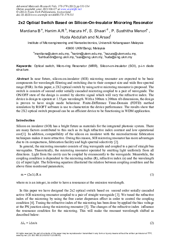 (PDF) 2x2 Optical Switch Based on Silicon-on-Insulator Microring Resonator