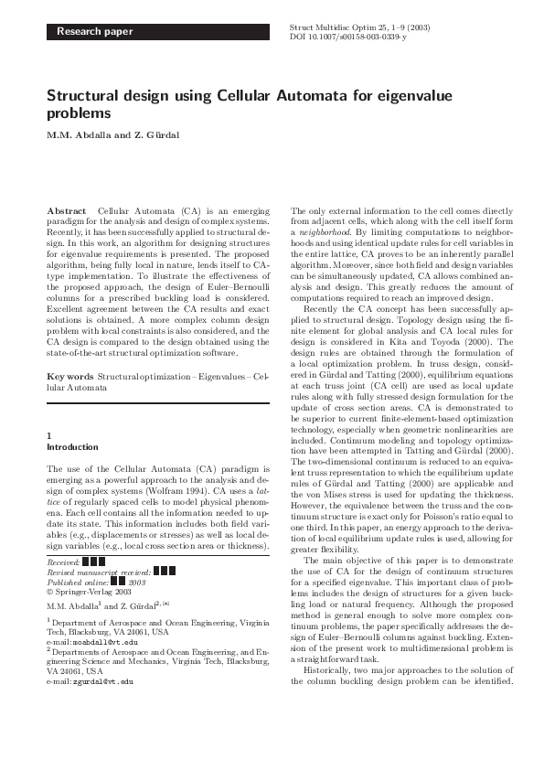 (PDF) Structural design using Cellular Automata for eigenvalue problems