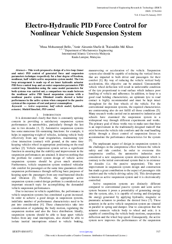 Electro-Hydraulic PID Force Control for Nonlinear Vehicle Suspension System Electro-Hydraulic PID Force Control for Nonlinear Vehicle Suspension System