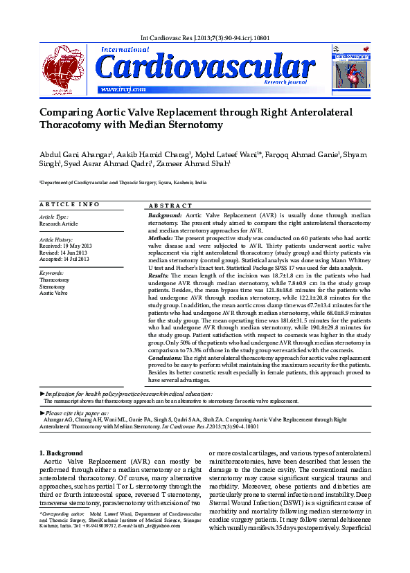 Pdf Comparing Aortic Valve Replacement Through Right Anterolateral Thoracotomy With Median