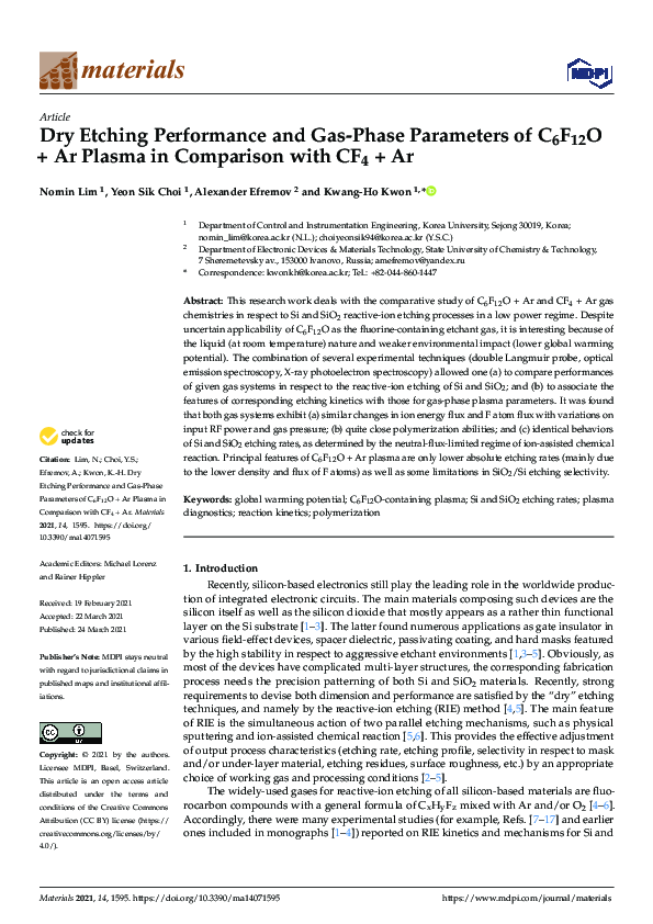(PDF) Dry Etching Performance and Gas-Phase Parameters of C6F12O + Ar ...