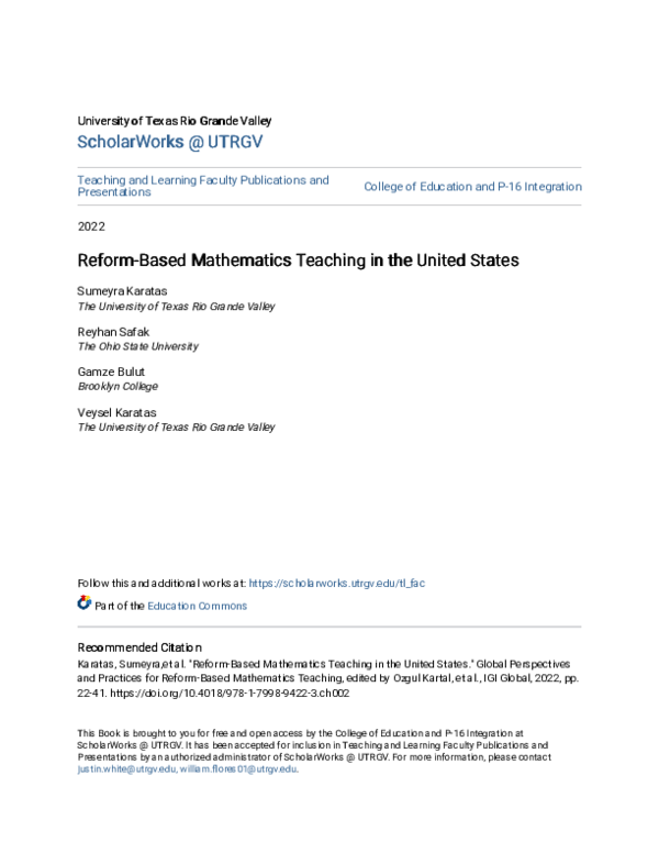 (PDF) Reform-Based Mathematics Teaching in the United States