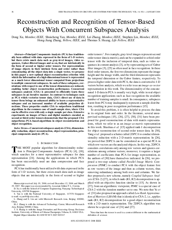 (PDF) Reconstruction and Recognition of Tensor-Based Objects With Concurrent Subspaces Analysis