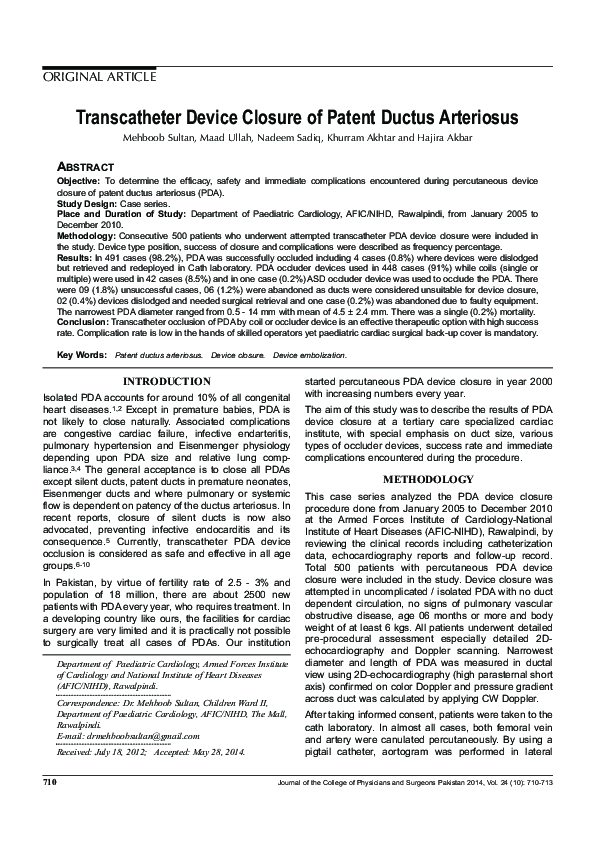 (PDF) Transcatheter device closure of patent ductus arteriosus