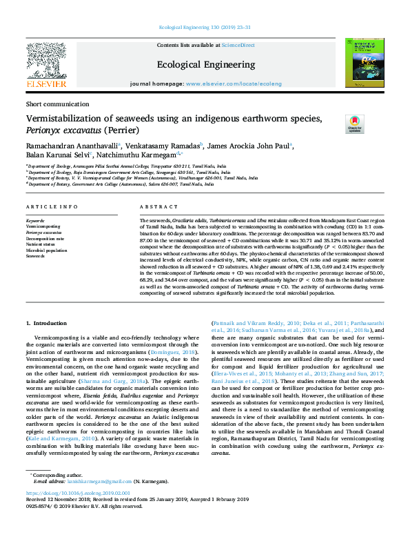 (PDF) Vermistabilization of seaweeds using an indigenous earthworm ...