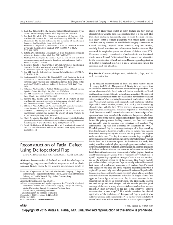 (PDF) Reconstruction of Facial Defect Using Deltopectoral Flap | Tahrir ...
